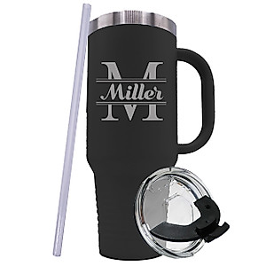 The Wedding Party Store Custom Monogrammed 40 oz Tumbler with Handle, Lid and Straw - Personalized Insulated Stainless Steel Large Cup (Black)