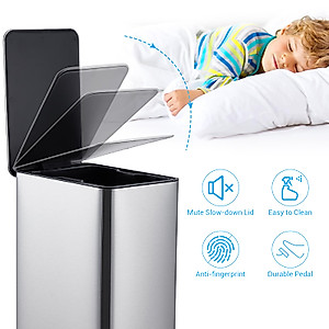 GarveeHome 10 Liter / 2.6 Gallon Small Bathroom Step Trash Can with Lid Soft Close, Step Pedal, with Removable Inner Bucket, Brushed Stainless Steel