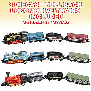 ArtCreativity Mini Locomotive Train Playset for Kids, Set of 3, Each Set with 1 Locomotive and 3 Carts, Diecast Train Toy for Boys and Girls with Pullback Motion, Great Birthday Gift