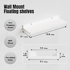 RICHER HOUSE 5 Set White Floating Shelves, Wall Mounted Shelves for Wall Decor, Modern Picture Ledge Shelf with Lip for Wall Storage Nursery, Bedroom, Living Room, Bathroom - White