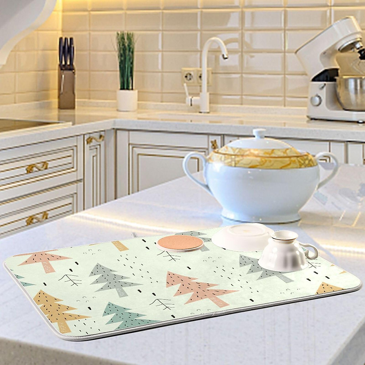 Red Yellow Christmas Cartoon Trees Memory Foam Dish Drying Mat Drying Mat For Kitchen Counter Drain Matt Dish Dryer Cloth 16 x 18 Inches