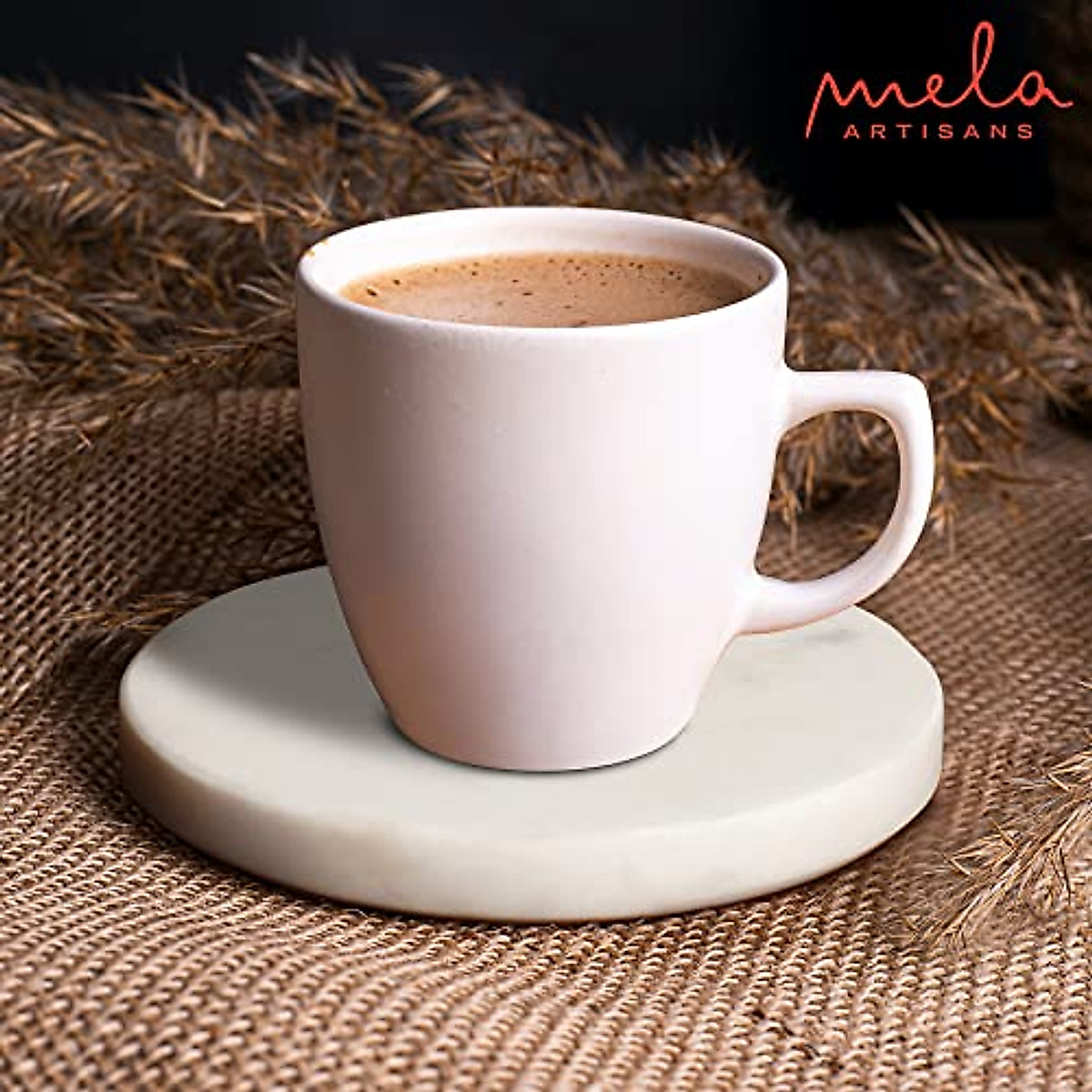 Mela Artisans Set of 4 Hand Crafted Marble Coasters - White, Round | Coffee Table Decor | Absorbent Keeping Surfaces Dry & Safe | Ideal for Wine Glasses, Water Cups or Beer Mugs