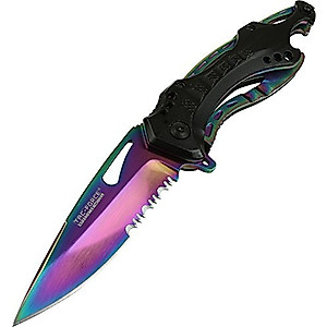 Snake Eye Tactical Assisted Opening Tactical Folding Knife, Rainbow Half-Serrated Blade, Black Handle, 4-1/2-Inch Closed, Rainbow (2-Pack)