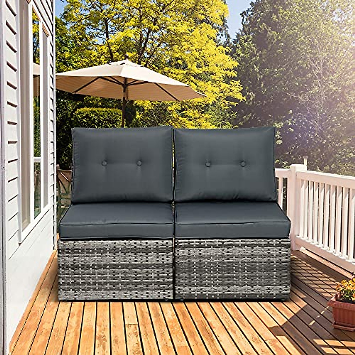 SUNVIVI OUTDOOR Grey Wicker Patio Sofa Chair Armless with Cushions, Aluminum Frame Outdoor Furniture for Garden Backyard Pool, 2 Piece