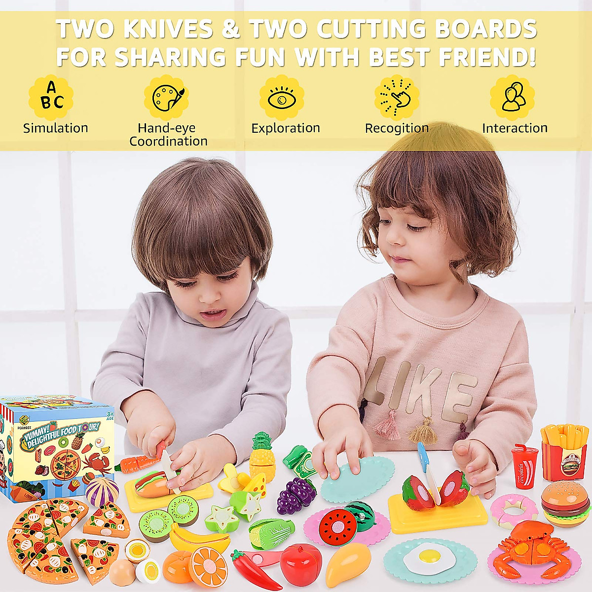 70PCS Pretend Play Food Sets for Kids Kitchen Toys Accessories Set BPA Free Plastic Pizza Toy Food Fruits and Vegetables Dishes Playset Christmas Birthday Gift Toys for Toddlers Boys Girls Storage Box
