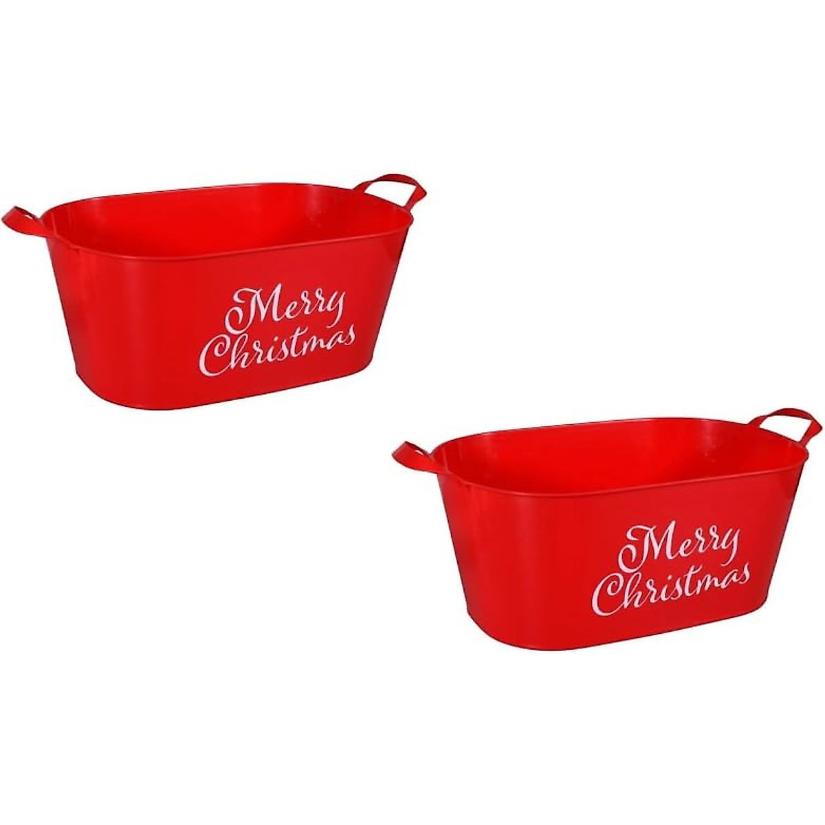 Merry Christmas Red Oval Bucket with Handle Sentiment Plastic Buckets Handles Gifts Gift Baskets Storage Containers Party Favor Holiday Decorations 2 Pack