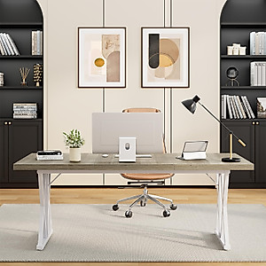 ONBRILL Computer Desk for 1-2 Person, 71 Inch Large Office Executive Desk with Sturdy Metal Base and Wood Countertop, Farmhouse Study Desk Writing Desk Meeting Table for Home and Office, Retro Grey