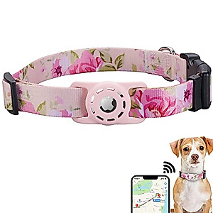 Konity AirTag Dog Collar, Compatible with Apple AirTag 2021, Polyester Pet Cat Puppy Collar with Silicone AirTag Holder for Small, Medium, Large, & Extra Large Dogs, Pink Rose, S: 9.8''-15.7'' Neck