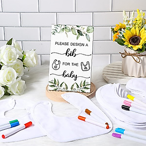 Qunclay 37 Pcs Baby Shower Games 1 Baby Shower Game Sign 25 DIY White Bibs for Boys Girls Guest Design Game with 10 Fabric Markers Baby Shower Keepsake for Guest New Parents(Leaf)