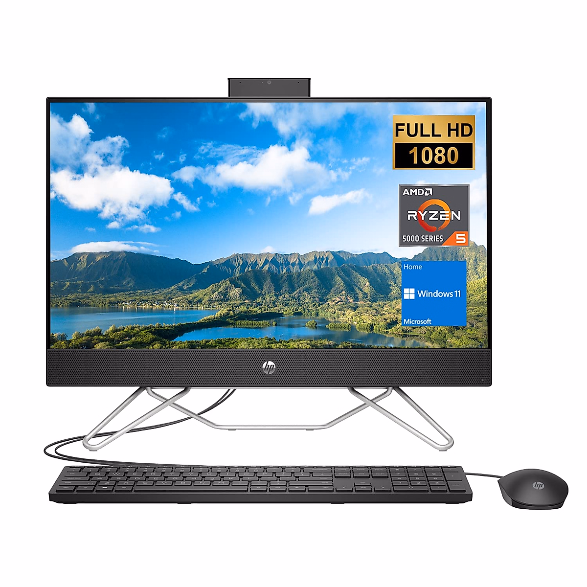 HP All-in-One Desktop, 23.8" FHD Screen, AMD Ryzen 5 5500U Processor, 64GB RAM, 2TB PCIe SSD, Webcam, HDMI, RJ45, Wi-Fi, Wired Keyboard & Mouse, Windows 11 Home, Black