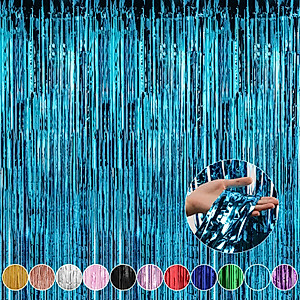 Crosize 4 Pack 3.3 x 8.2 ft Foil Fringe Curtains Party Decorations, Blue Tinsel Curtain Backdrop for Parties, Door Streamers, Glitter Streamer Fringe Backdrop for Birthday Decoration (Blue)