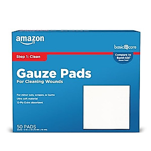 Amazon Basic Care Gauze Pads, 3x3 inches Sterile Medical Wound Dressing Sponges for Cleaning, Covering, & Cushioning Cuts & Minor Injuries, 50 Count (Pack of 1), (Previously All Health)