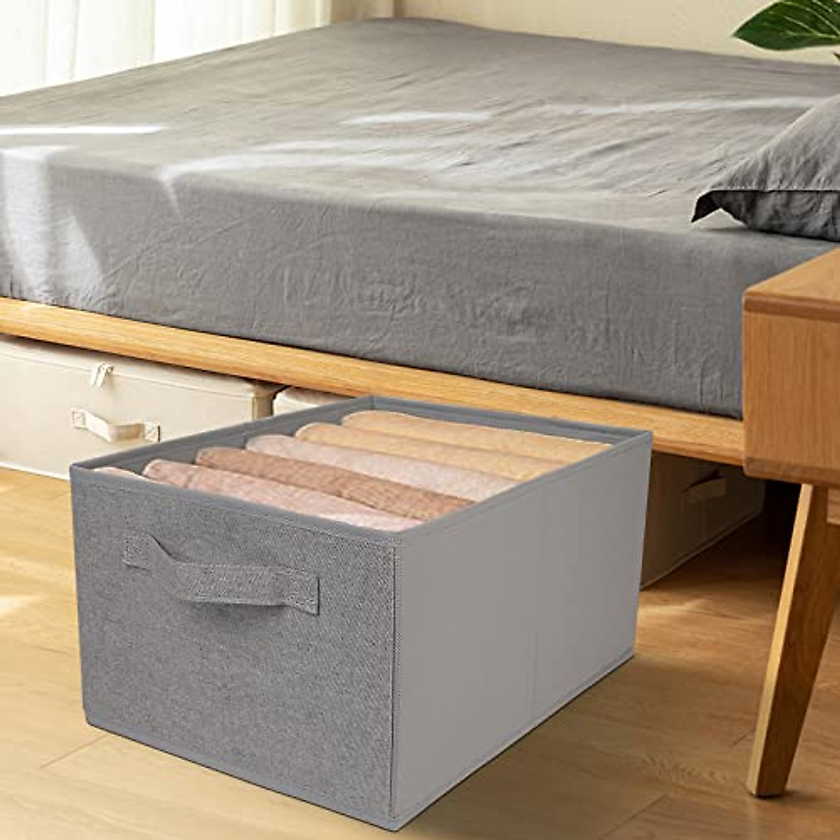 JAKAGO Fabric Storage Bins set of 4 Rectangle Storage Baskets with Handle Foldable Closet Organizer for Clothes Towel Toys Books Collapsible Clothing Container for Shelves Bedroom Playroom (High-Gray)