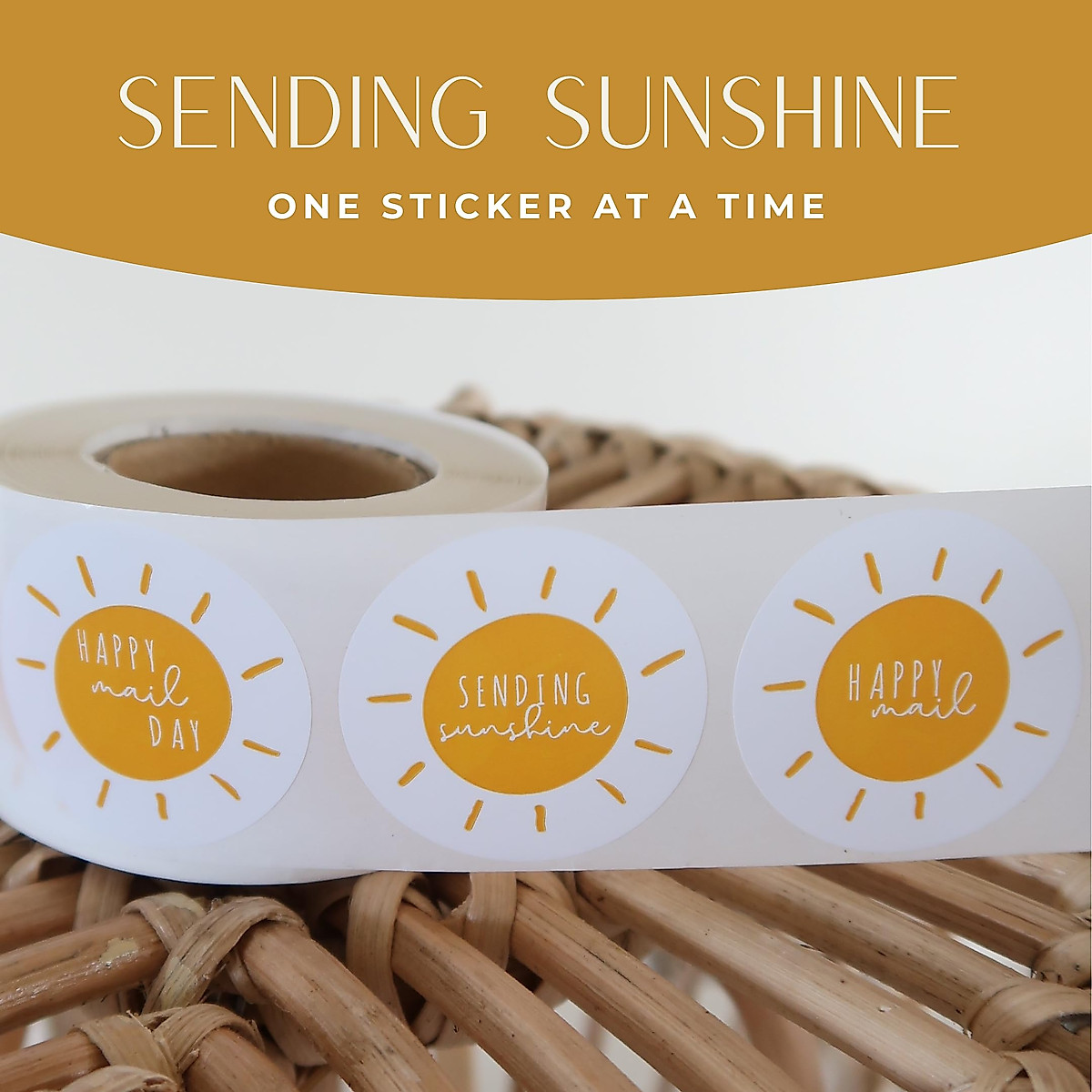 Happy Mail Stickers | Sending Sunshine Yellow Boho Stickers | Cute Packaging for Small Business | 1 Roll with 500 - Round Envelope Seals | 4 Unique Designs | Sunshine Party, Small Business Supplies