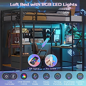 DICTAC Twin Size Loft Bed with Desk and Led Lights Metal Loft Bed with Charging Station & Storage Shelves and Drawers Twin Junior Bed with Clothes Rail,Safety Guard &Ladder,No Box Spring Needed,Black