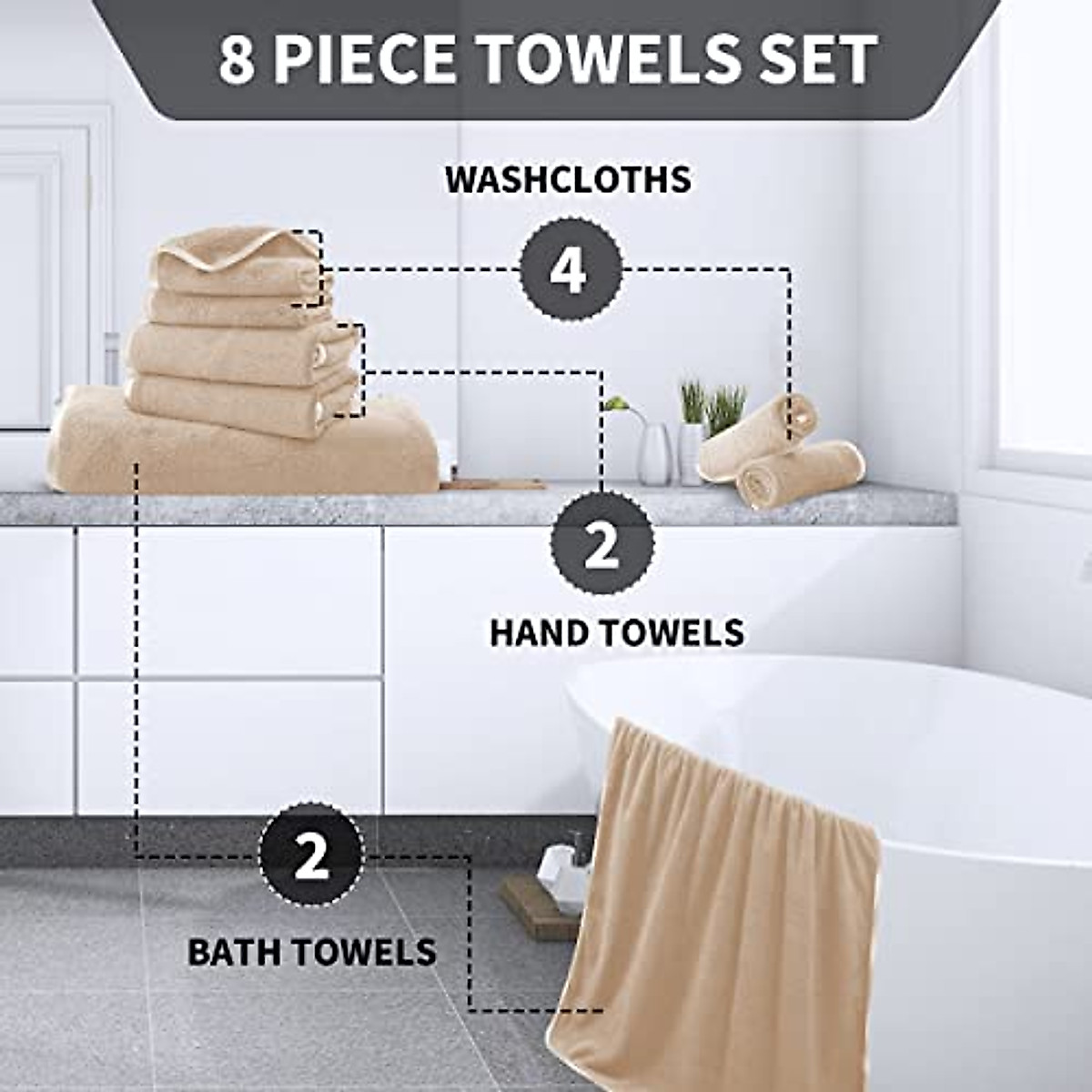 Cosy Family Microfiber 8-Piece Towel Set, 2 Bath Towels, 2 Hand Towels, and 4 Wash Cloths, Ultra Soft Highly Absorbent Towels for Bathroom, Gym, Hotel, Beach and Spa (Brown)