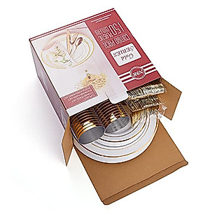 N9R 150PCS Gold Plastic Plates with Plastic Cutlery Set and Cups, Disposable Silverware include 25 Dinner Plates, 25 Dessert Plates, 25 Forks, 25 Knives, 25 Spoons, 25 Cups for Party and Wedding