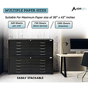 AdirOffice Flat File Cabinet - Heavy Duty 5-Drawer Blueprint Sheets Storage, 35" x 46" Great for Documents Sized 30” x 42”, Ideal for Artists, Art Files, Engineers, Architects, Offices - Black