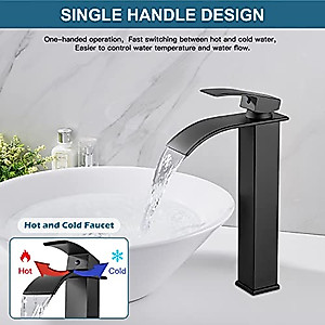 Midanya Tall Waterfall Bathroom Bowl Vessl Sink Faucet Matte Black Single Handle Single Hole Deck Mount Mixer Tap with Large Rectangular Spout Sink Faucet Lavatory Vanity