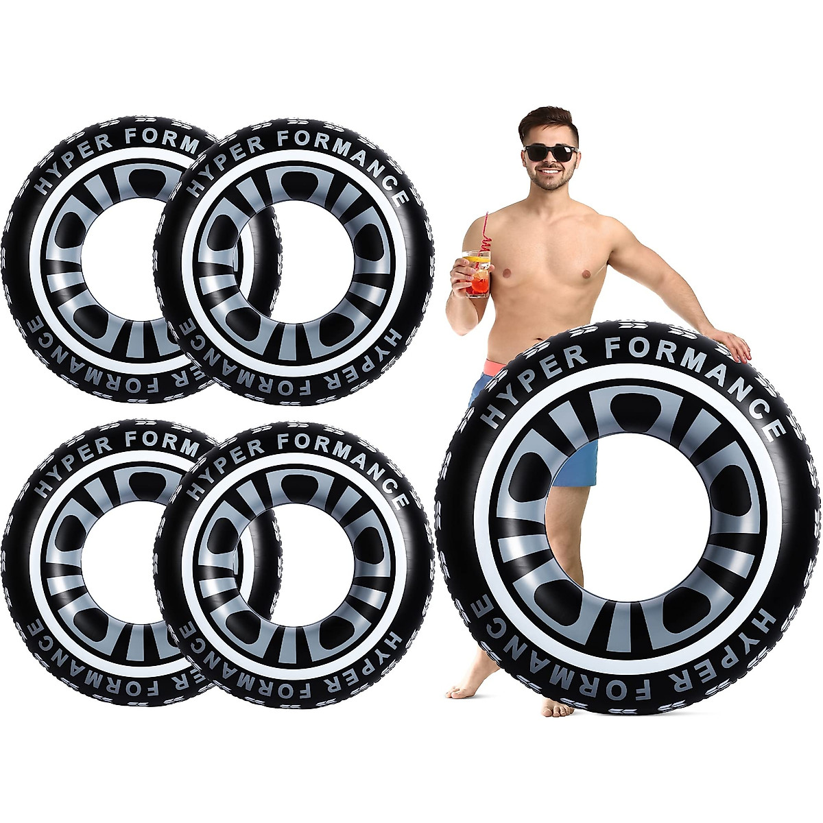 4 Pack 47 Inches Giant Inflatable Tire Tubes Tire Floats for Pool Inflatable Tire Float for Adults Race Car Birthday Party Supplies Swimming Rings River Raft Truck Race Car Themed Birthday Decorations