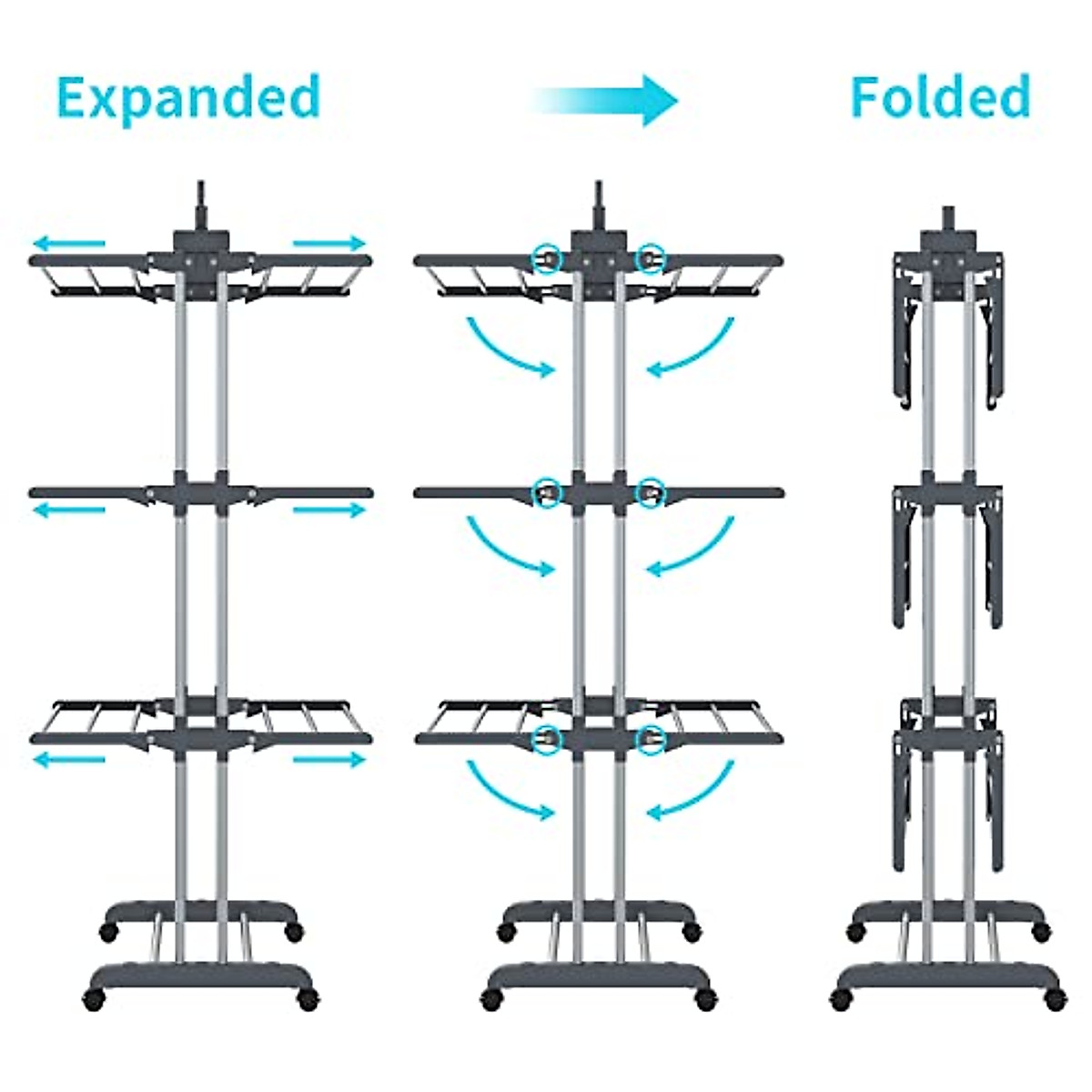 LEOSINYIN Clothes Drying Rack Folding Indoor, Drying Rack Clothing Foldable 4 Tier Laundry Racks for Drying Clothes, Stainless Steel Laundry Drying Rack with 4 Wheels (Gray)