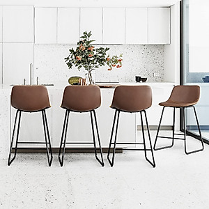 LUE BONA Bar Stools Set of 3, 24" ALX Faux Leather Barstools, Modern Counter Height Stools with Back and Metal Legs, Armless Counter Chairs for Kitchen Island, Brown
