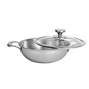 G and D Triply Stainless Steel Wok Pan With Glass Lid Tripple with Stainless Steel Deep Kadhai Cookware