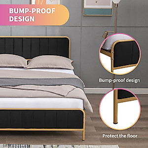 Mixoy Cal King Metal Bed Frame, Velvet Platform Bed Frame with Headboard, Heavy Duty Metal Mattress Foundation, Strong Metal Slat Support, No Box Spring Needed, Easy Assembly (Cal King,Golden/Black)