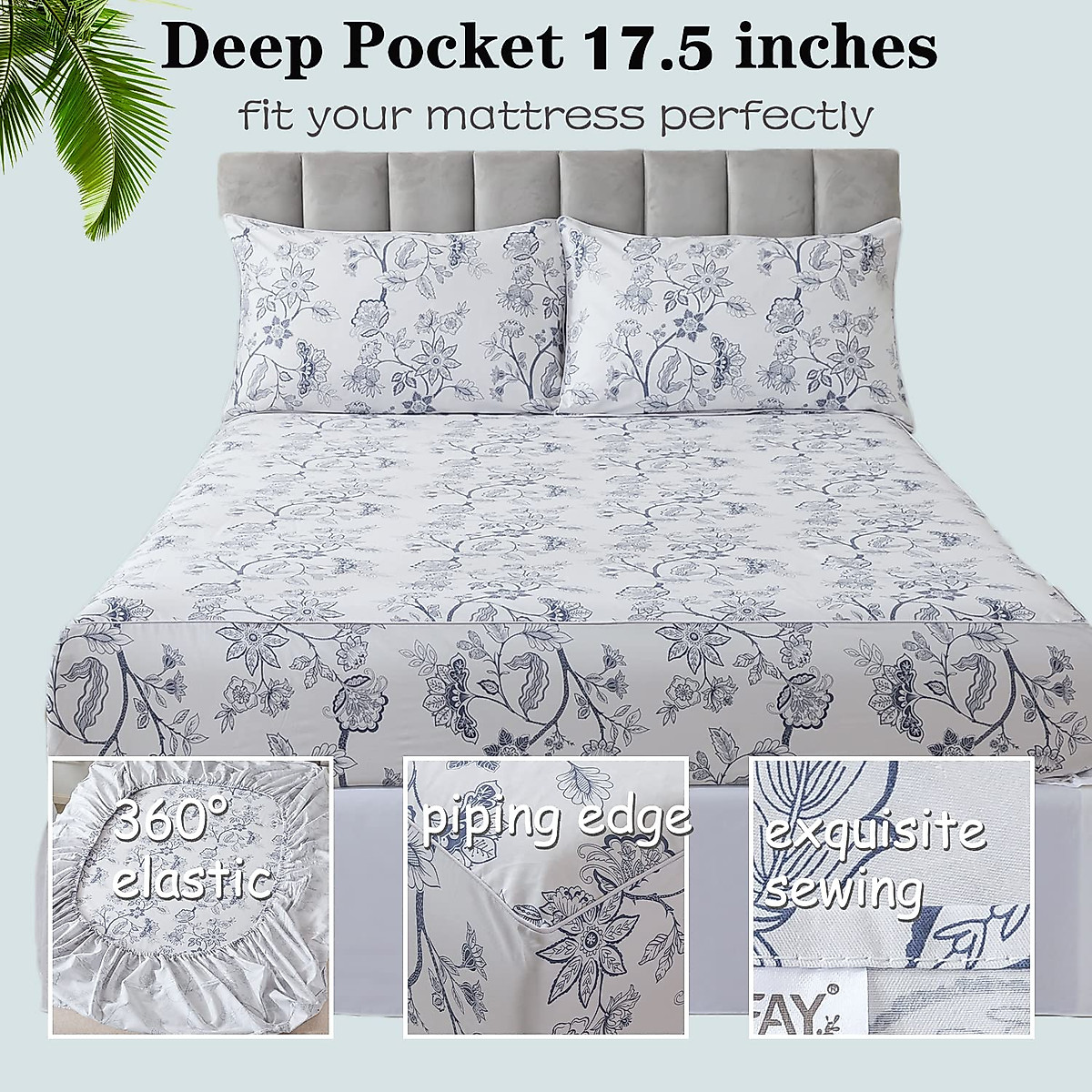 FADFAY 7 Piece 100% Cotton Light Blue Floral Bedding Set Queen Size Bed Sheet Set +Duvet Cover, Soft Toile Flower Complete Bedding(1 Duvet Cover, 1 Fitted Sheet, 1 Flat Sheet + 4 Pillowcase)
