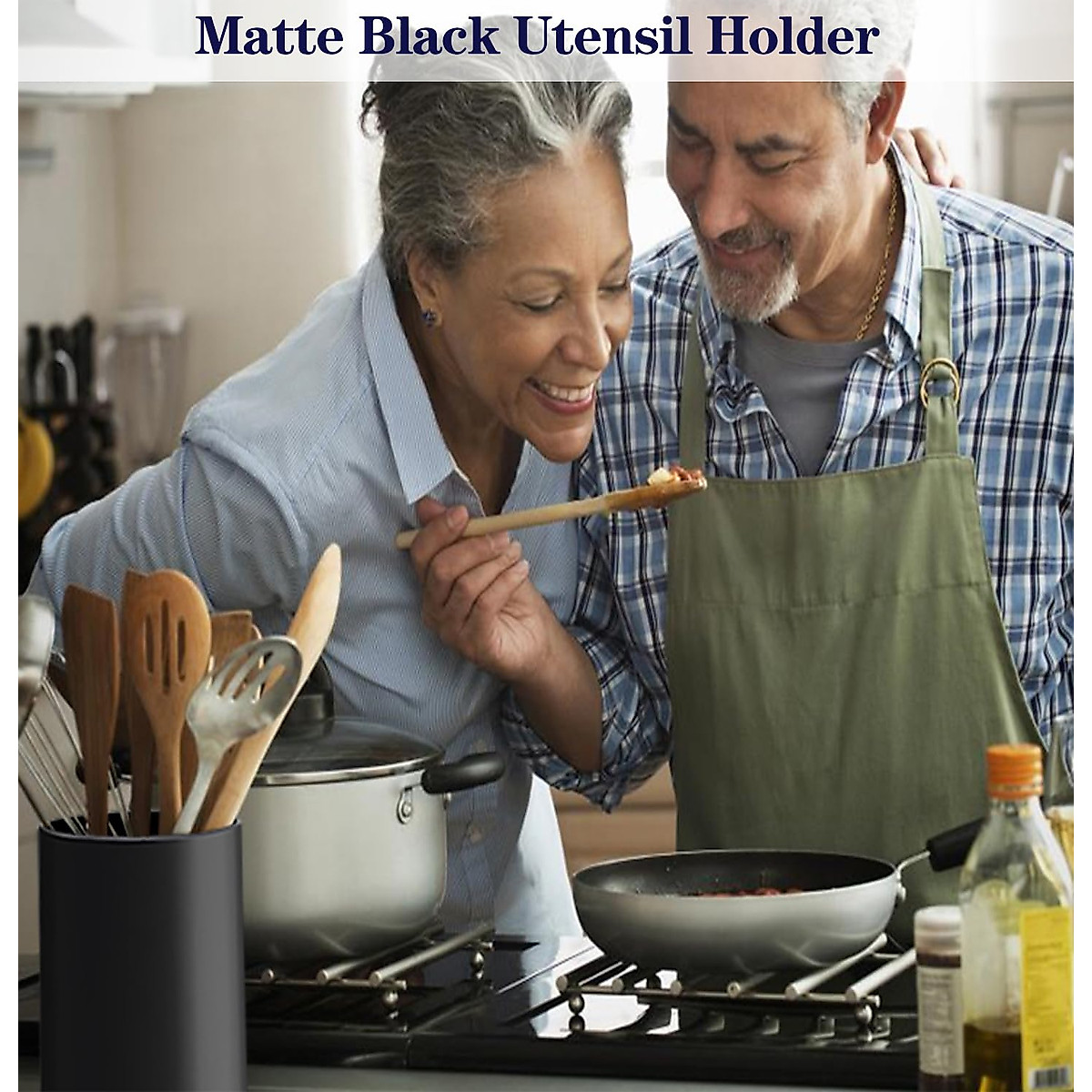 yuyuefourseas Matte Black Utensil Holder for Kitchen Counter, Ceramic Kitchen Utensil Crock for Countertop Easy to Clean, Modern Cooking Utensil Spatula HolderBy 4.4*6.3 Inch