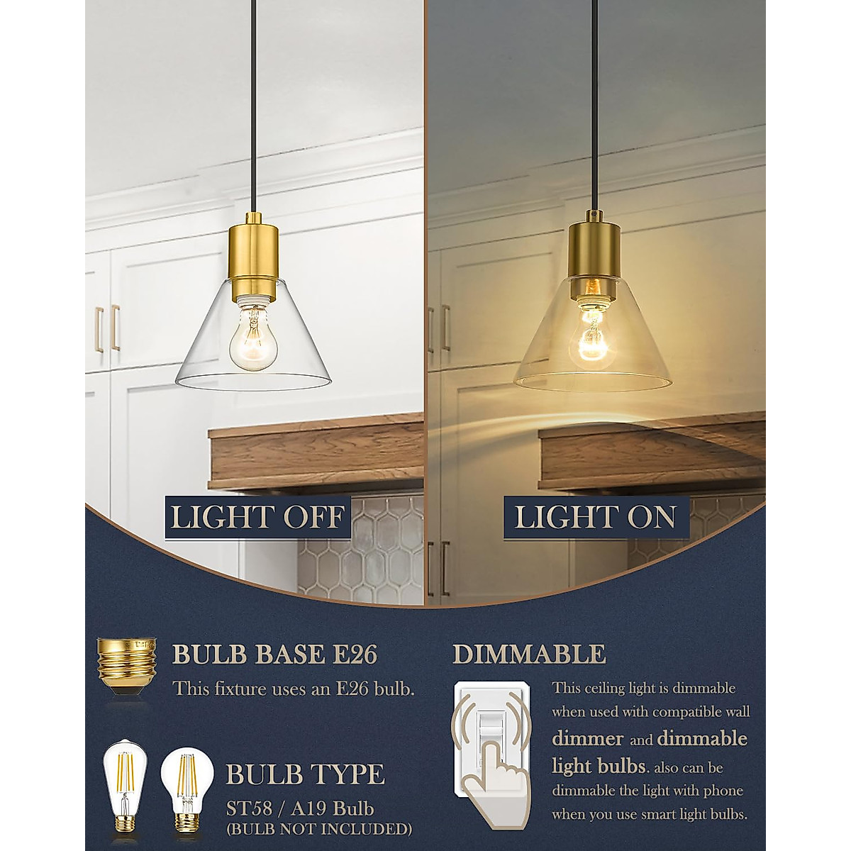 LMS 1-Light Gold Glass Pendant Light, Modern Kitchen Pendant Hanging Light with Clear Glass Shade in Gold Finish, LMS-103