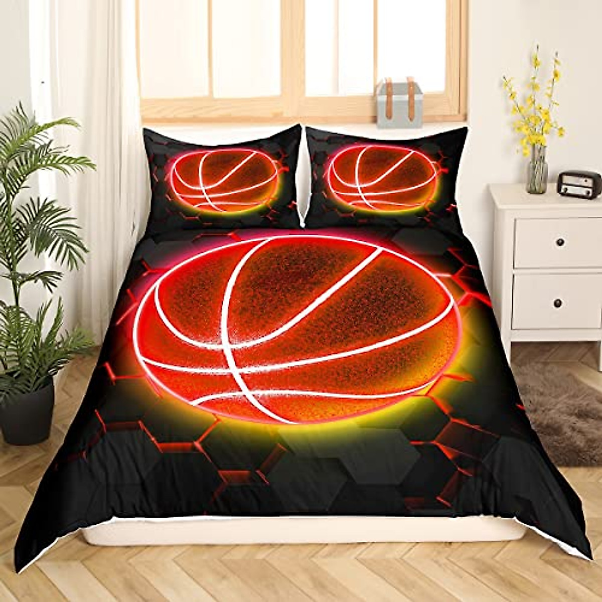 Kids Basketball Duvet Cover Set Boys Neon Red Geometric Honeycomb Hexagon Bedding Set for Teens Men Room Decor Fashion Balls Sport Gaming Comforter Cover Modern Black Quilt Cover 3pcs Queen Size