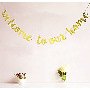 Starsgarden Glitter Gold Welcome to Our Home Banner for Housewarming Patriotic Military Decoration Family Party Supplies Cursive Bunting Photo Booth Props Sign(Gold Welcome Home)
