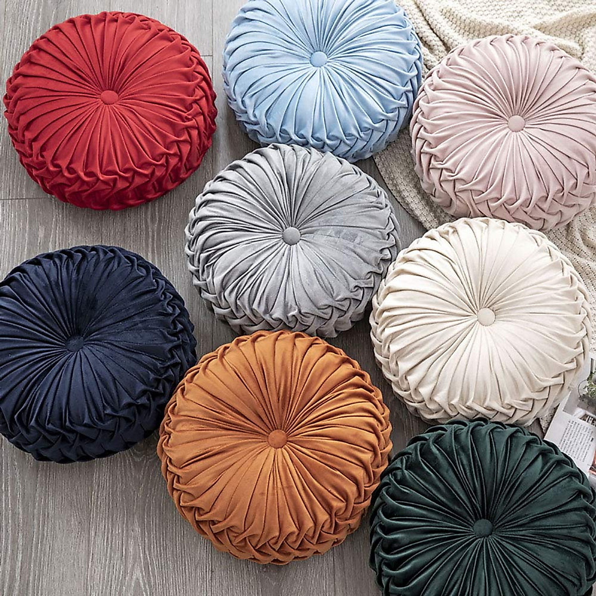 Elero Round Throw Pillow Velvet Home Decoration Pleated Round Pillow Cushion for Couch Chair Bed Car Beige