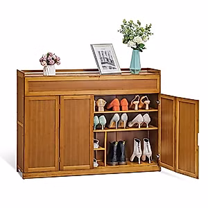 MoNiBloom Bamboo 5 Tier Freestanding Shoe Storage Cabinet Organizer Shelf Stand Unit Up to 25 Pairs for Boots Heels Sneakers Sandals, w/ Doors, Brown