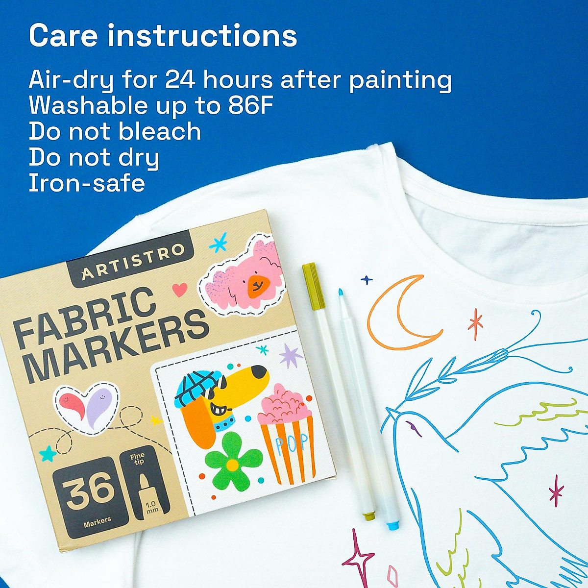 ARTISTRO 24 Fabric Markers - Fine Tip Permanent Decorating Kit for Clothes - No Bleed Pens for T-Shirts, Bags, Textile, Canvas, and More