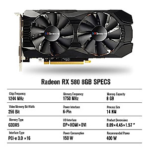 SRhonyra Radeon RX 580 8GB GDDR5 Graphics Card for Gaming PC Video Card 2048SP 256-Bit PCIe 3.0 x16 6-Pin Connector 2 Cooling Fan Desktop Computer Gaming GPU with HDMI, DisplayPort & DVI Ports