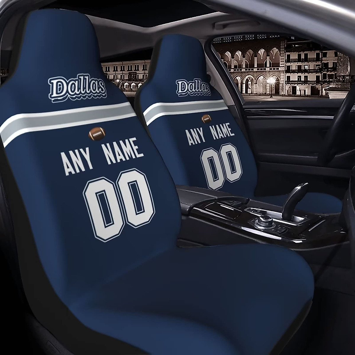 HUGXINAN Custom Football Car Seat Covers - Personalized Car Accessories Dallas Gifts with Name and Number, Elastic Soft Car Front Seat Protector Cover, Universal Size Fit Most Car, Truck, SUV, 2pc