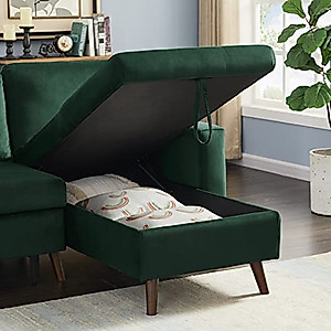 HABITRIO Sectional Sofa with Pull Out Bed, Green Velvet Upholstered 2 Seats Sleeper Sofa and Reversible Chaise Lounge w/Storage, Modern Design 88" L-Shaped Sleeper Sofa for Living Room, Apartment