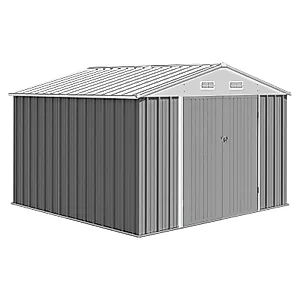 Zstar 10x8 FT Metal Outdoor Storage Shed, Steel Utility Tool Shed Storage House with Lockable Door Design, Metal Sheds Outdoor Storage for Garden, Patio, Backyard, Outside Use, Grey