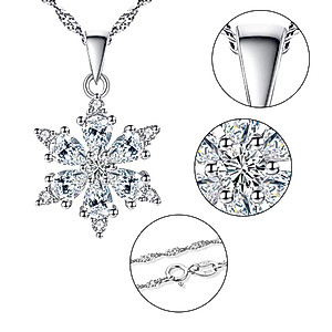 OKA Lucky Snowflake Necklace Long Pendant Necklace with White Cubic Zirconia Silver Jewelry Christmas New Year Holiday Gifts for Women Girls