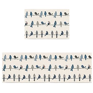 Birds Florals Kitchen Rugs Set of 2 Non-Slip,Retro Blue Plaid Boho Polka Dot Water-Absorbing Runner Carpet Area Mat for Bedroom Bathroom Indoor Use Rubber Backing Accent Throw Low Pile Washable Medium