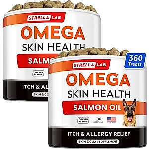 STRELLALAB Omega 3 for Dogs - (360Ct) Fish Oil Treats - Allergy & Itch Relief Skin&Coat Supplement - Dry Itchy Skin, Shedding, Hot Spots Treatment, Anti Itch - Pet Salmon Oil Chews - Chicken Flavor