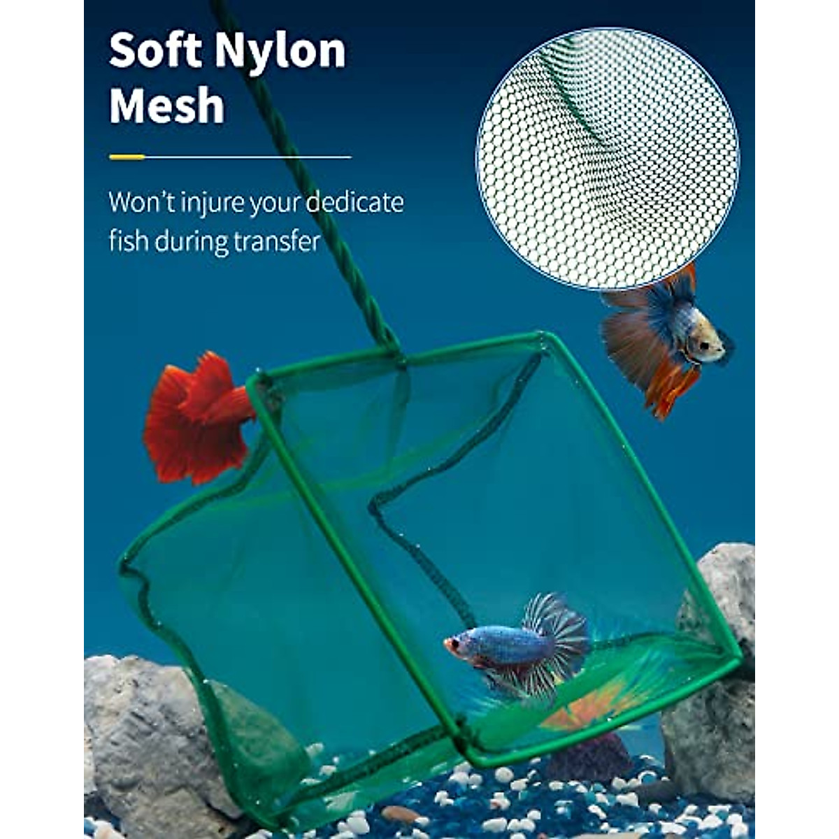 Pawfly 8 Inch Aquarium Fish Net with Braided Metal Handle Square Net with Soft Fine Mesh Sludge Food Residue Wastes Skimming Cleaning Net for Fish Tanks Small Koi Ponds and Pools