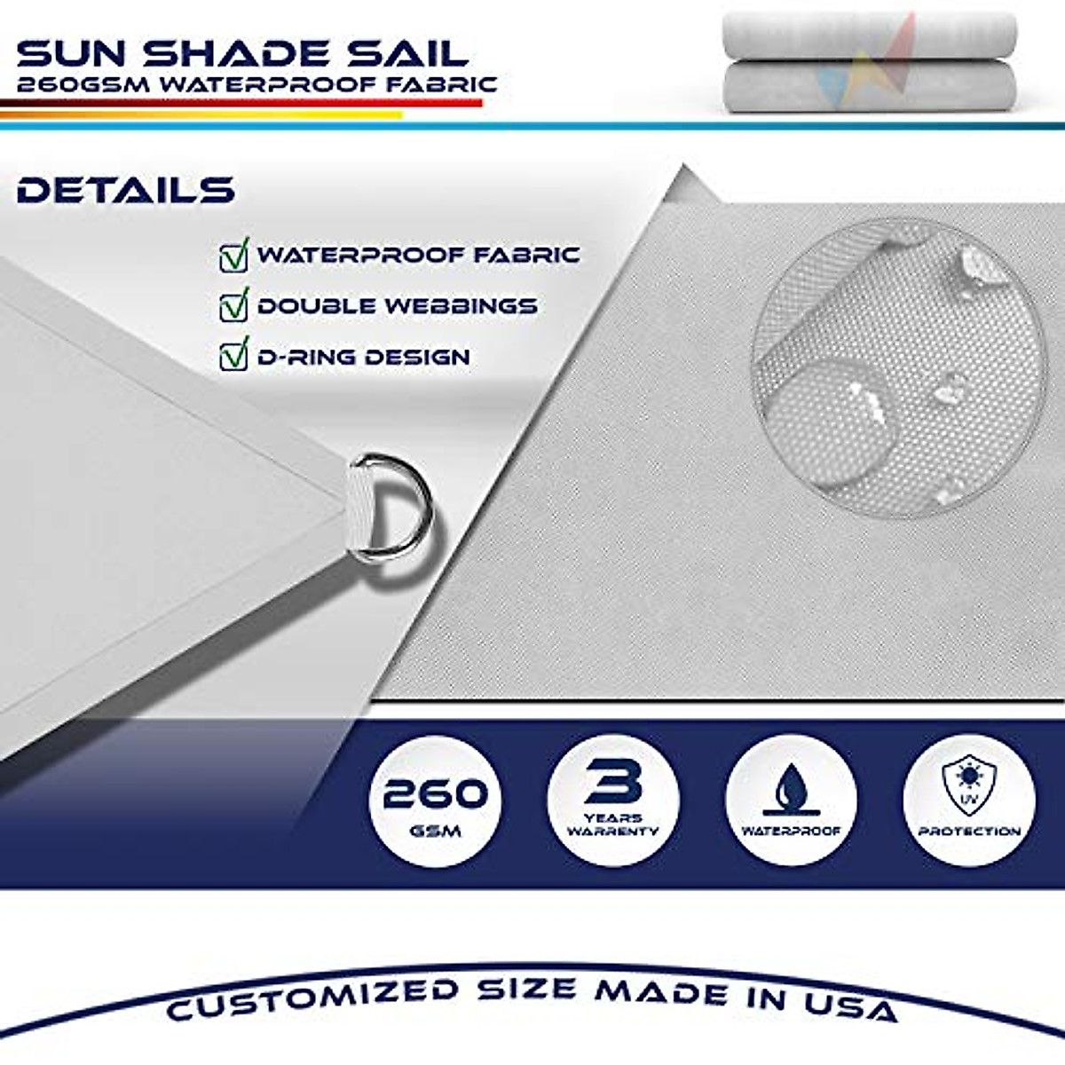 Windscreen4less Terylene Waterproof Sun Shade Sail UV Blocker Triangle Sunshade Patio Canopy Sail 12' x 12' x 12' in Color Light Grey 260GSM