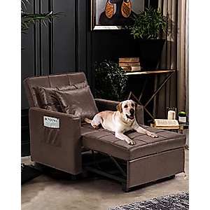 Litbird Convertible Chair Sleeper Bed, Futon Chair Turns Into Bed, Sofa Chair for Living Room, 3 in 1, Imitation Leather, Brown…