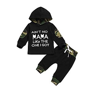 WALSONER Baby Boy Clothes Funny Letter Printed Long Sleeve Hoodie Tops Sweatsuit and Black Camouflage Pants Outfit Set （18-24 Months）