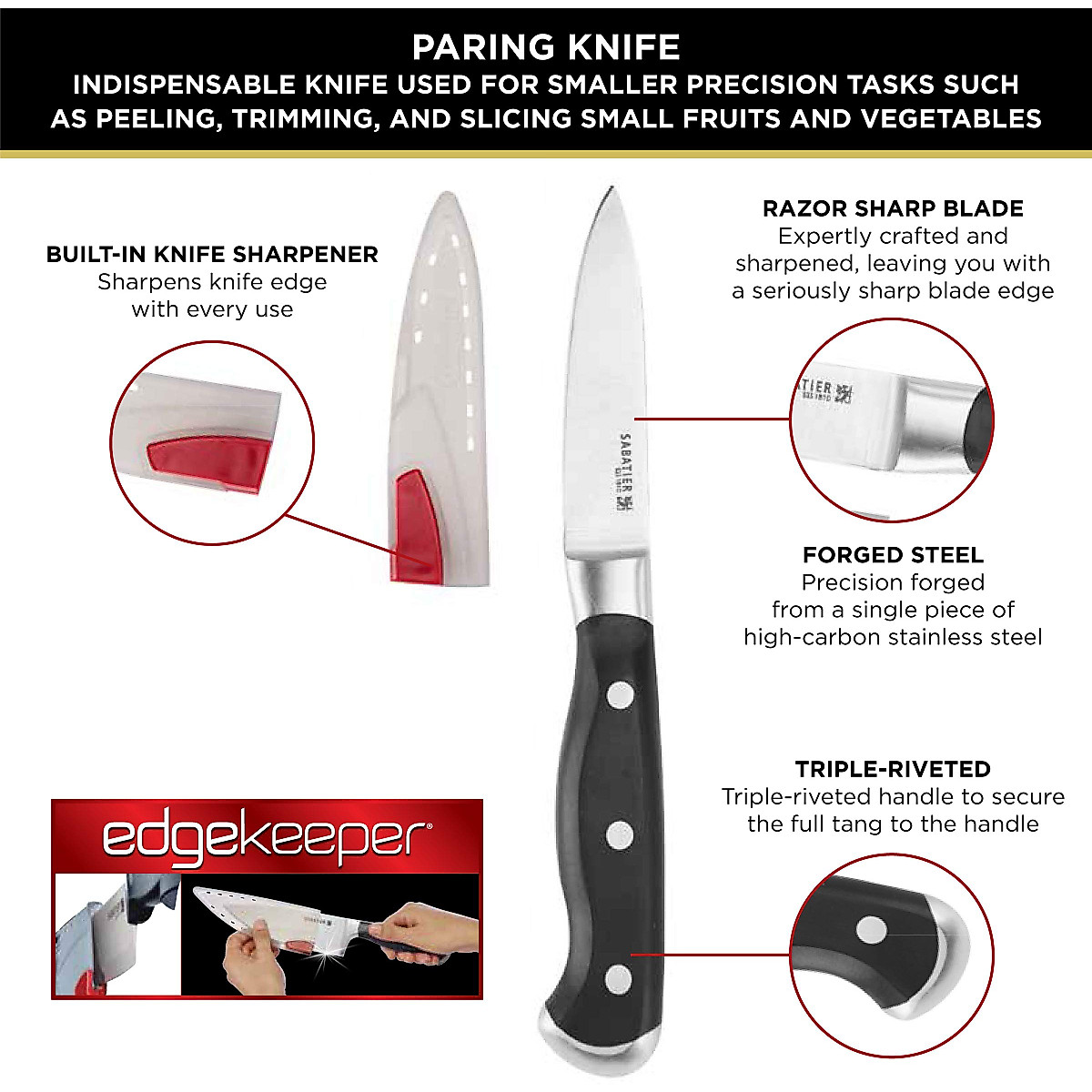 Sabatier Forged Triple-Rivet Paring Knife with Self-Sharpening Blade Cover, High-Carbon Stainless Steel, Razor-Sharp Kitchen Knife to Cut Fruit, Vegetables and more-3.5-Inch, Black