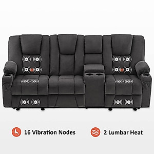 MCombo Power Reclining Sofa with Heat and Vibration,USB Ports, Cup Holders,3-Seat Dual Recliner Sofa with Console for Living Room 6035 (Grey)