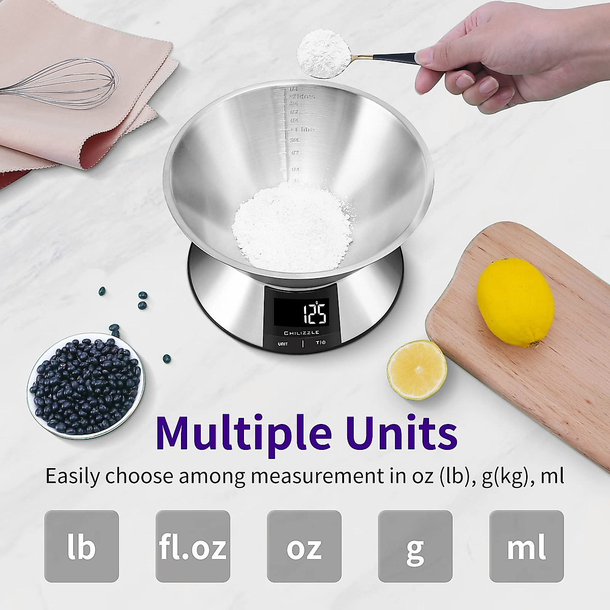 CHILIZZLE Food Scale with 304 Stainless Steel Bowl, Measures Liquids and Dray Ingredients, Digital Kitchen Weight Scale for Cooking or Baking